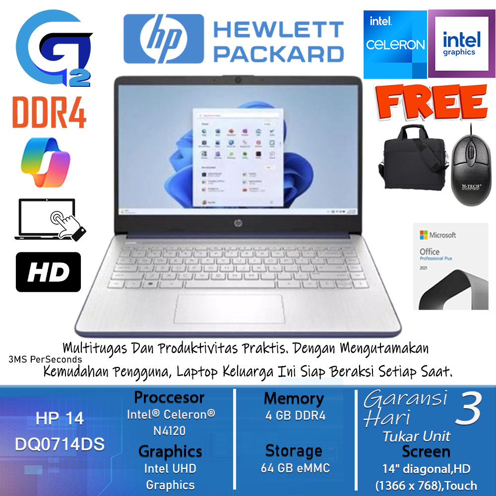 Jual Laptop TouchScreen Hp 14 Intel Celeron N4120 Ram 4GB DDR4 256GB 14.0 Windows11 Home Blue ...