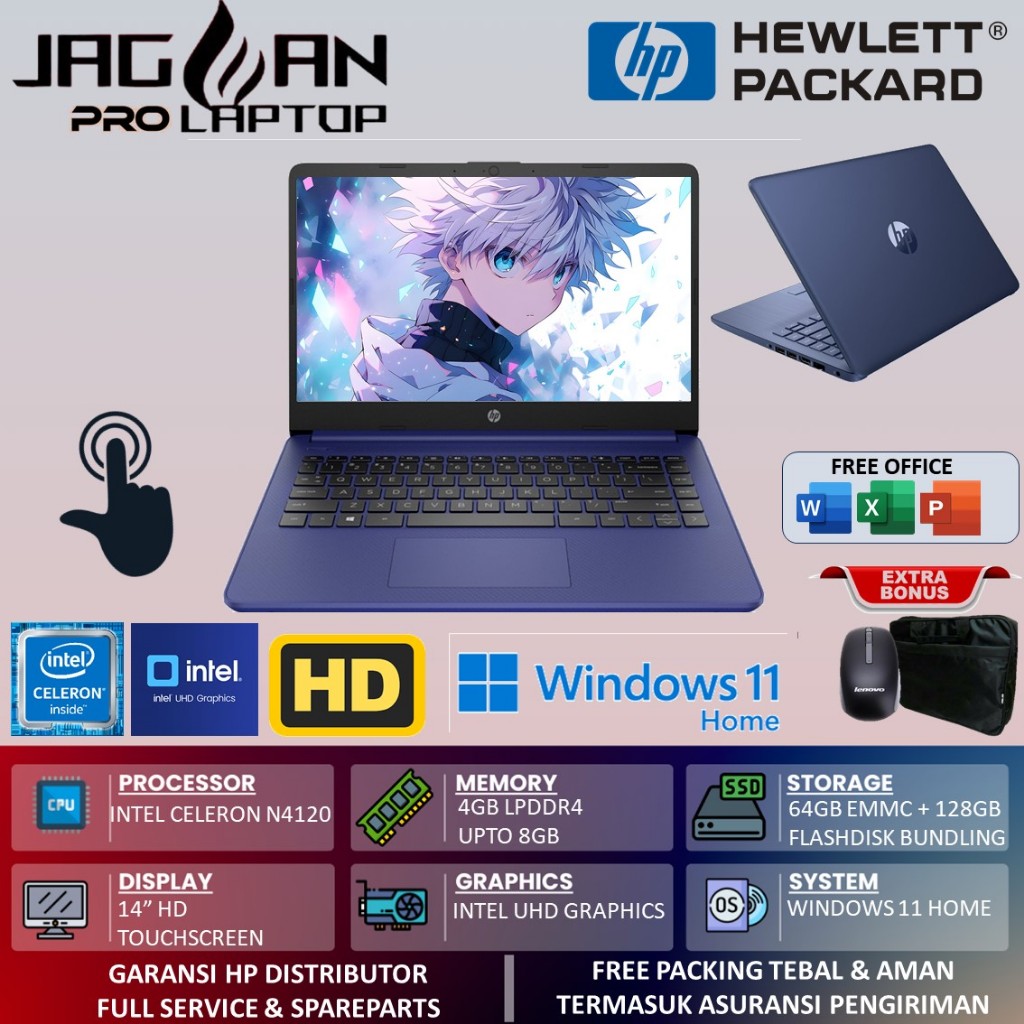 Jual Laptop Slim HP 14 Intel N4120 RAM 8GB 64GB Touchscreen Windows 11 Home Original Blue ...