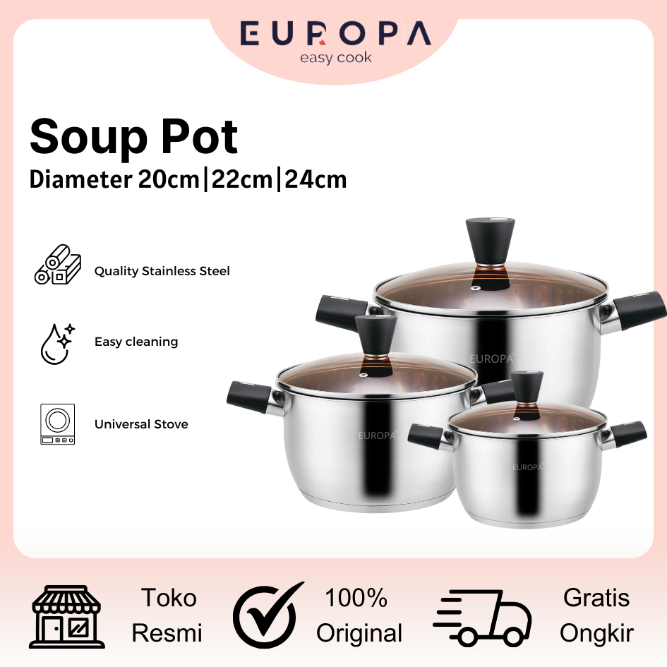 Jual Panci Sup Soup Pot Stainless Tebal Tutup Kaca Gold 20cm 22cm 24cm ...