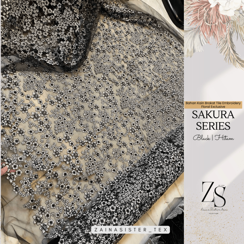 Jual Kain Brokat Tile Bunga Warna Hitam Sakura Series HARGA SETENGAH ...