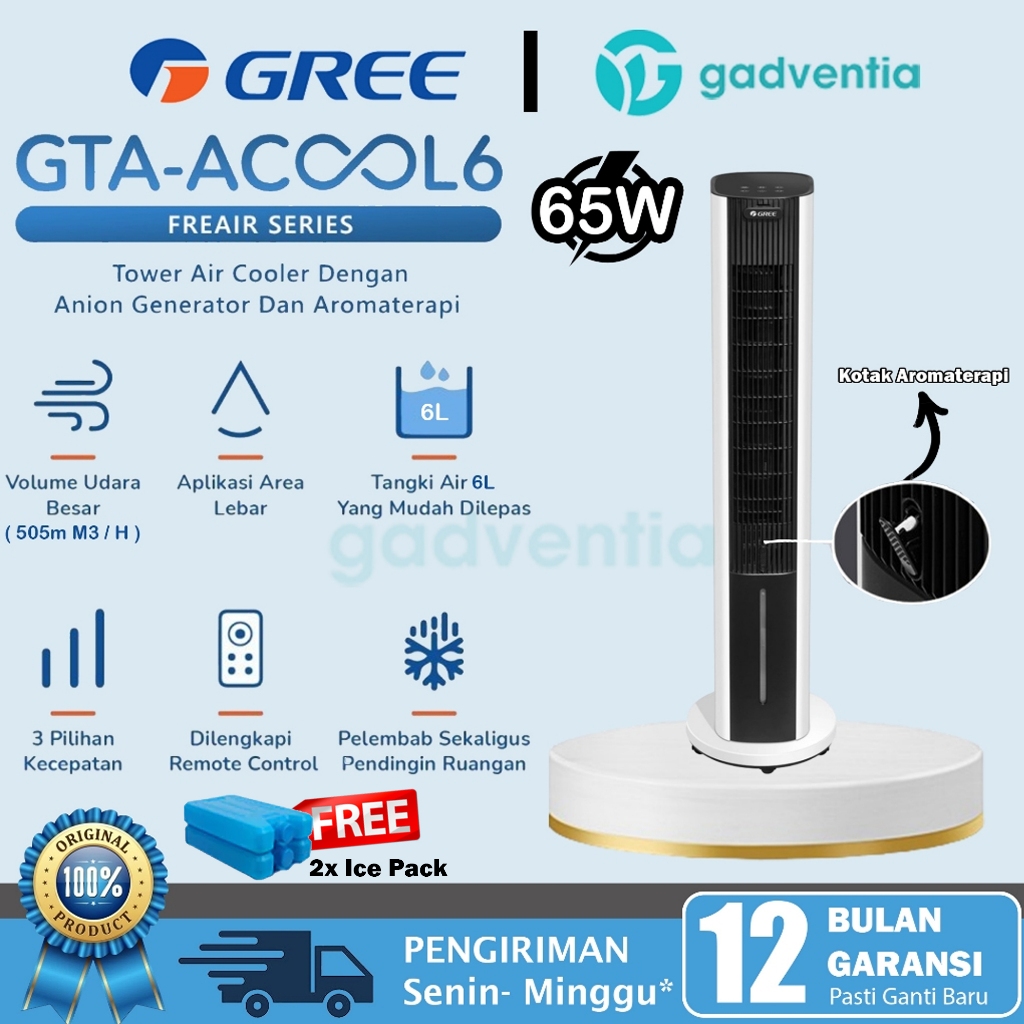 Jual GREE ACOOL6 Air Cooler Tower Fan Kipas Penyejuk Ruangan 6L 65W Aromaterapi GTA-ACOOL6 ...