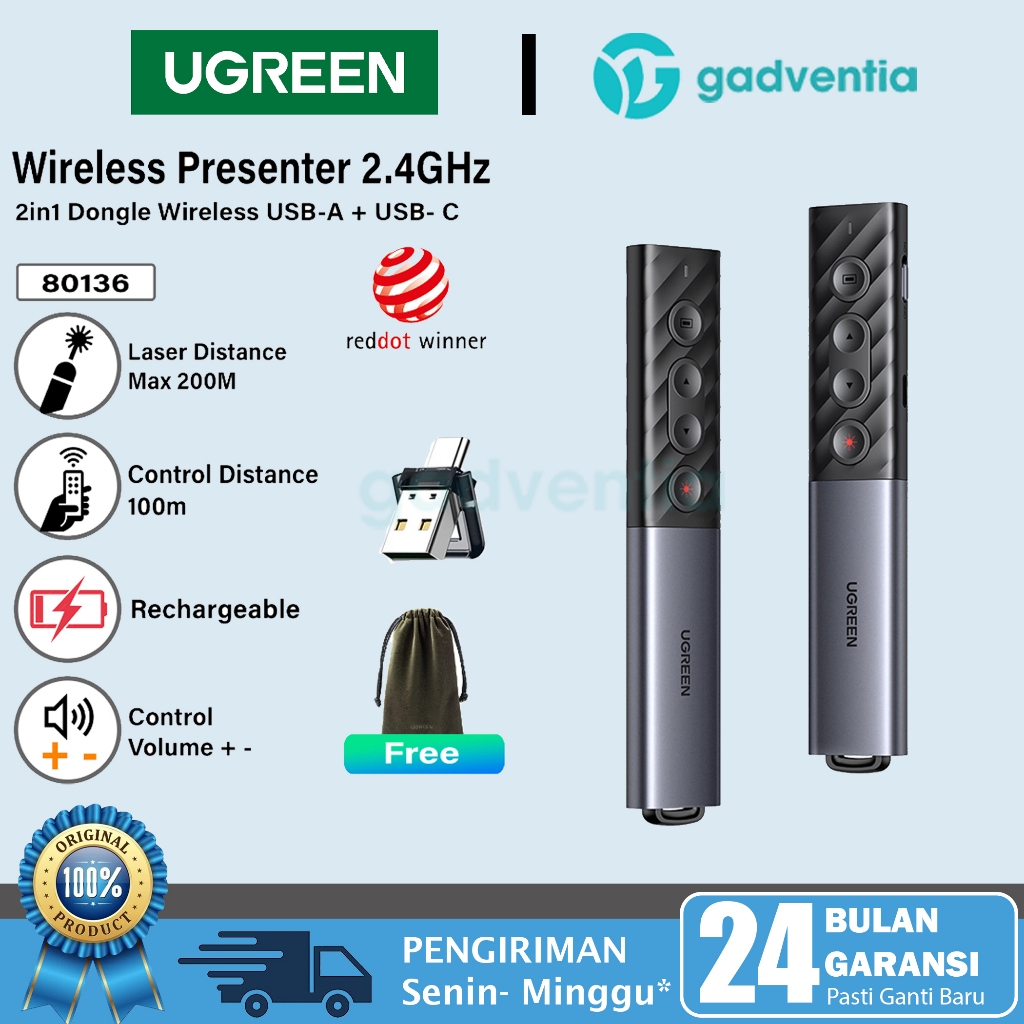 Jual UGREEN Laser Merah Pointer Wireless Presenter Remote Presentasi Power Point Kerja Kantor ...