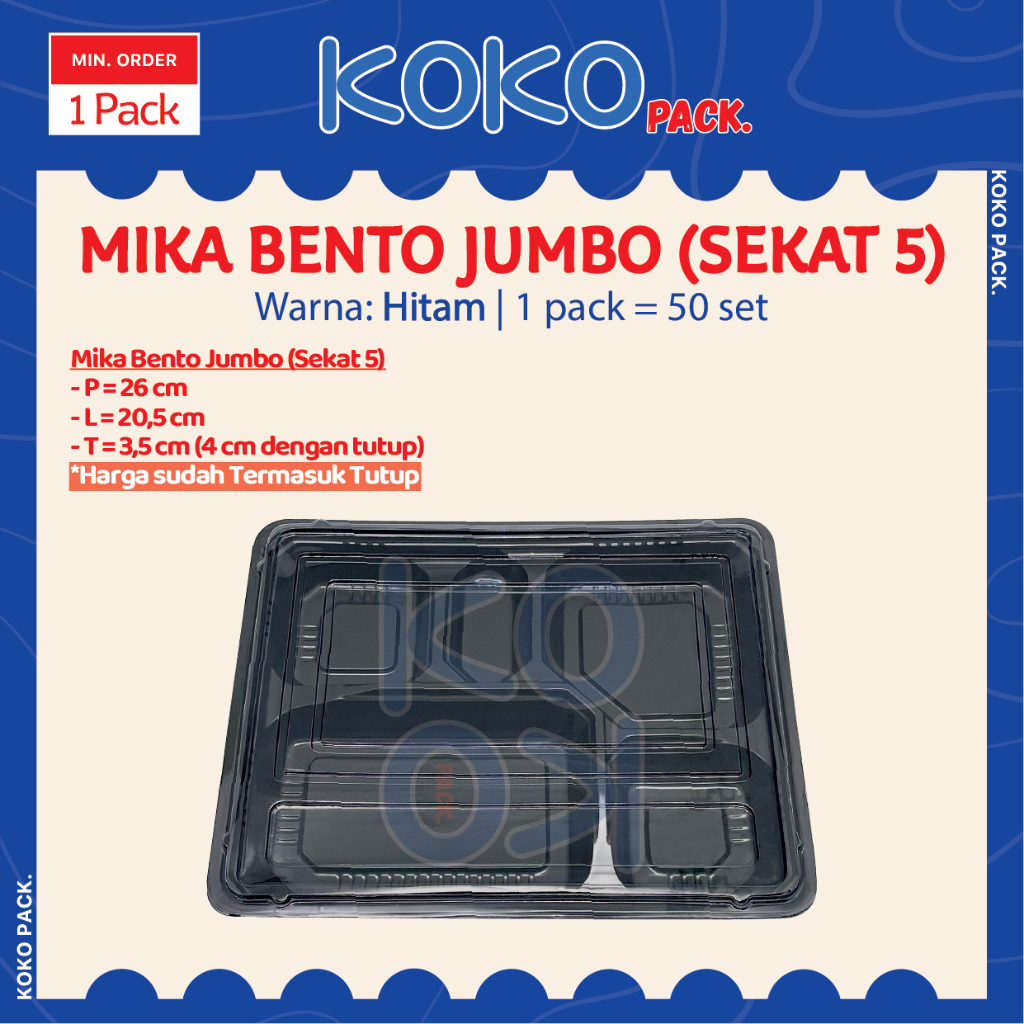 Jual (isi 50 set) Mika Bento Plastik Jumbo Sekat 5 Plastik Warna Hitam ...