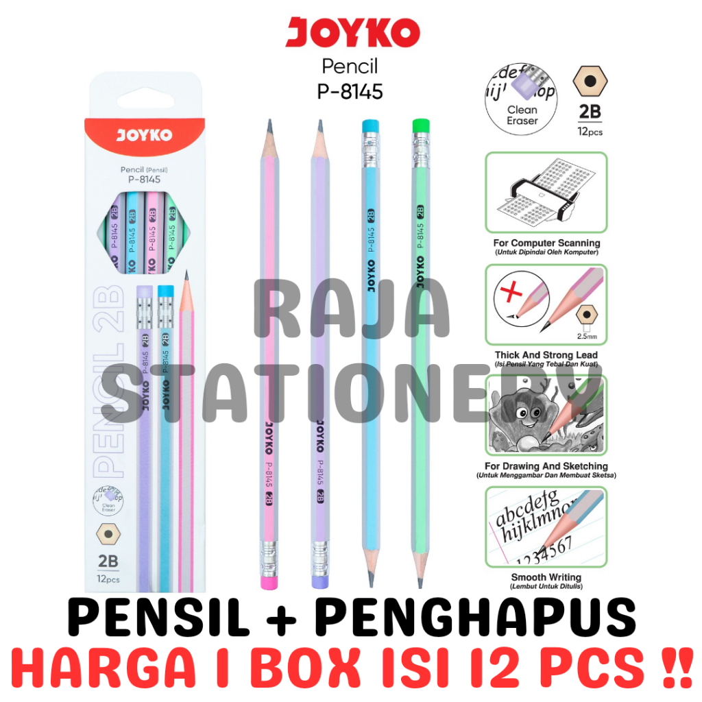 Jual JOYKO PENCIL 2B PENSIL + PENGHAPUS KAYU JOYKO 2B ANAK UJIAN BOX LUSIN P-8145 [12PCS ...