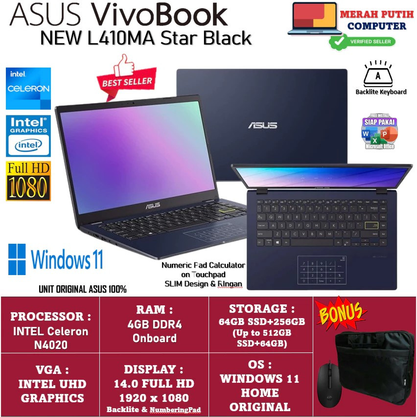Jual ASUS VivoBook NEW L410MA Intel Celeron N4020 Ram 4GB 1TB Ssd 14 ...