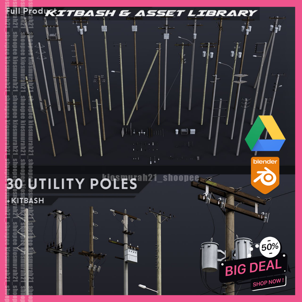 Jual 30 Low Poly Utility Poles + Kitbash 3D Blender 3D Model Asset ...