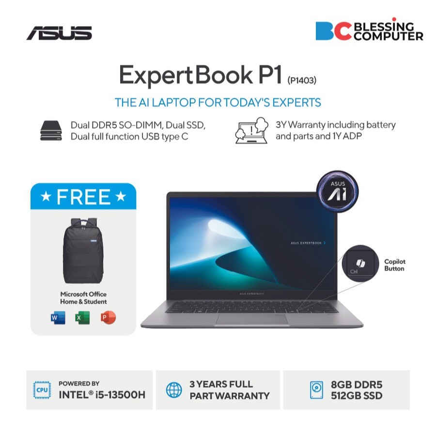 Jual ASUS ExpertBook P1 P1403CVA S65850WS Core i5 13500H 8GB 512GB W11 OHS | Shopee Indonesia