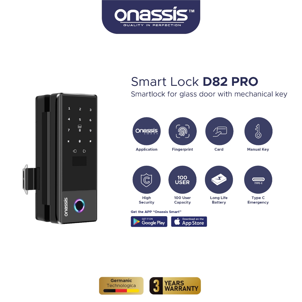 Jual ONASSIS D82 PRO SMART LOCK FOR GLASS DOOR WITH KEY | KEAMANAN ...