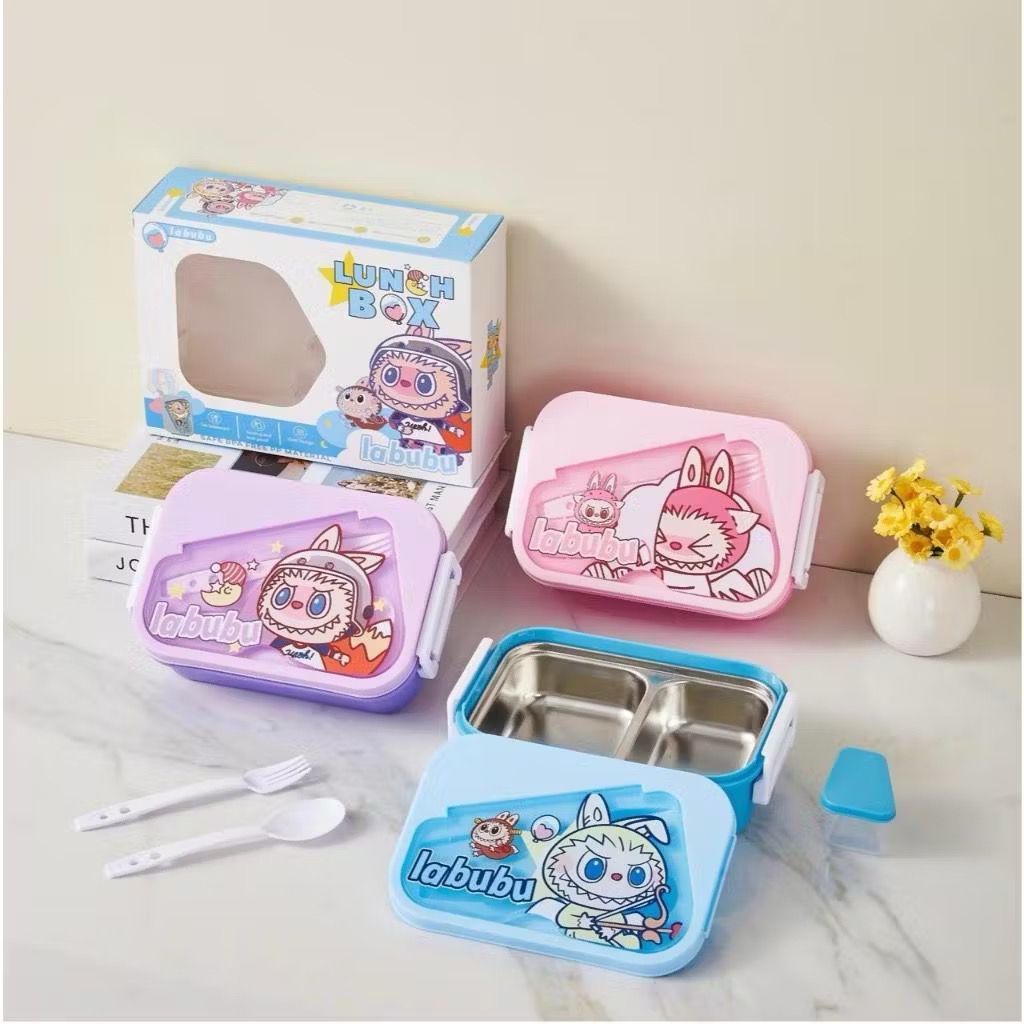 Jual Lunch Box Stainless Labubu 700 ML Kotak Bekal Makan 3 Sekat Ukuran Anti tumpah/ Bento Anak ...