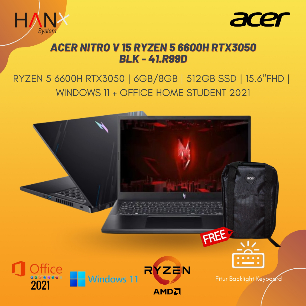 Jual ACER NITRO V 15 RYZEN 5 6600H RTX3050 6GB/ 8GB 512GB W11+OHS 15.6FHD 165HZ 2Y+ADP BLK -41 ...