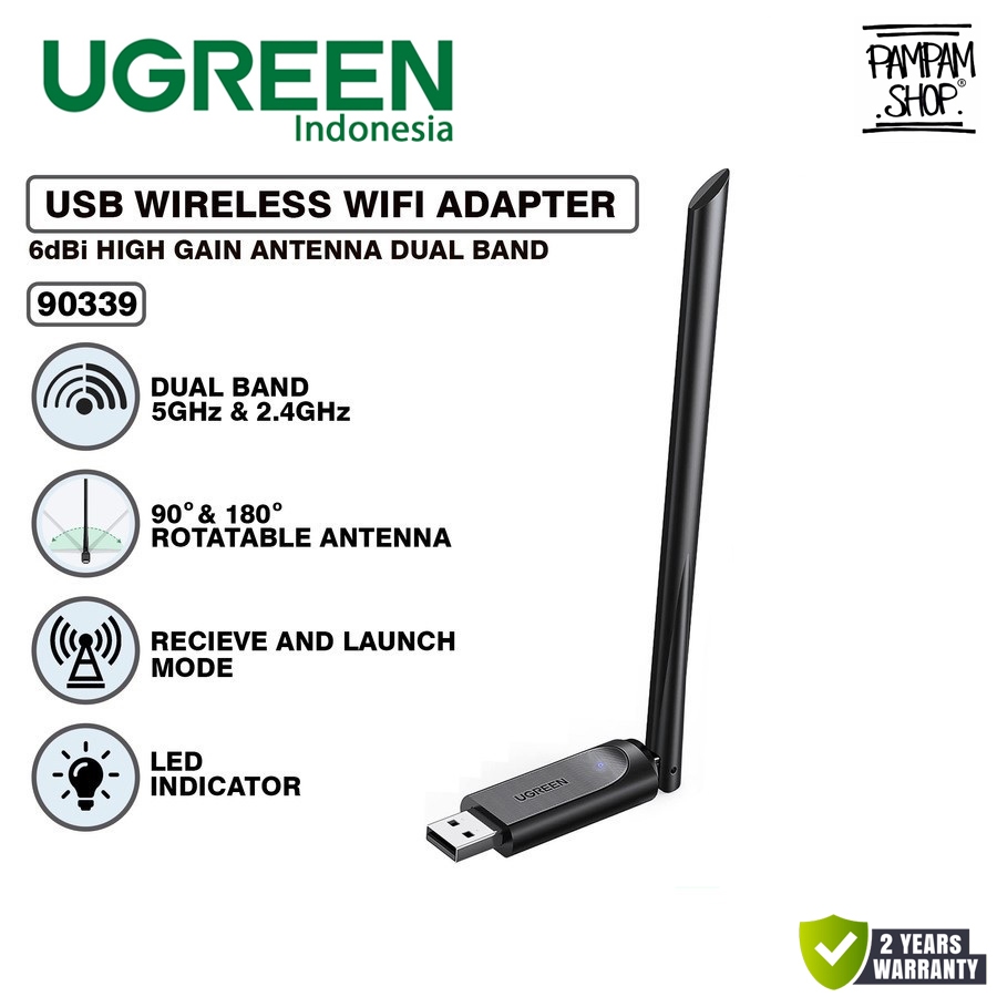 Jual UGREEN 90339 USB A Wifi Receiver Wireless Adapter 650Mbps 6dBi High Gain Antenna 5GHz 2 ...