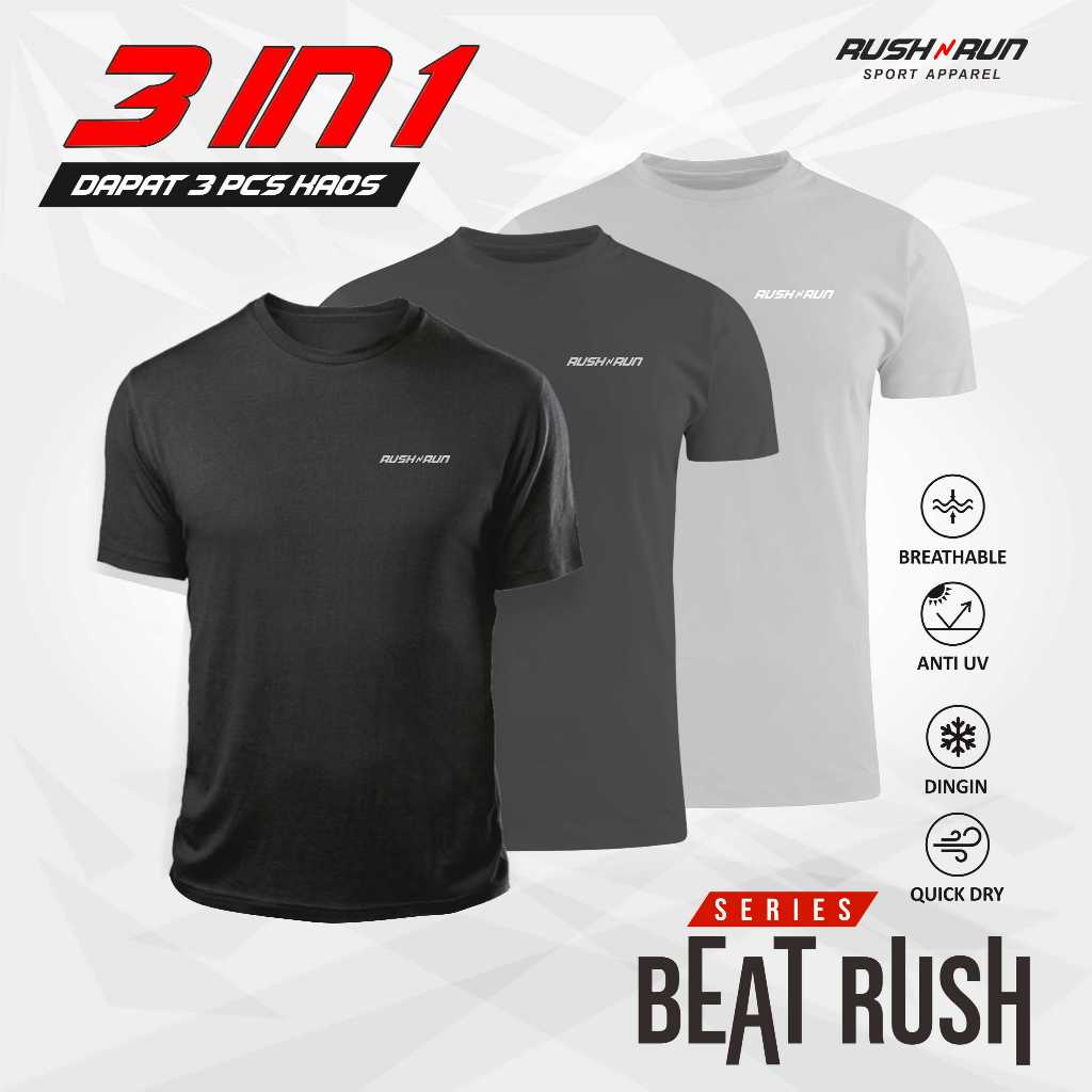 Jual Paket 3 pcs Kaos Baju Olahraga Pria T-Shirt Jersey Lari Rush n Run ...