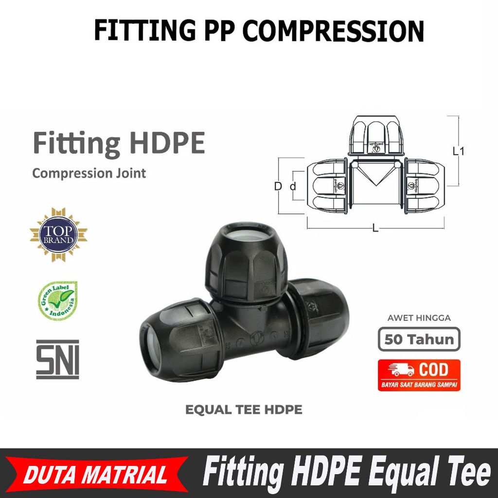 Jual SNI Fitting PP Compression HDPE Equal Tee 50 × 50 × 50 MM ( 1.5" Inch ) Sambungan Pipa HDPE ...