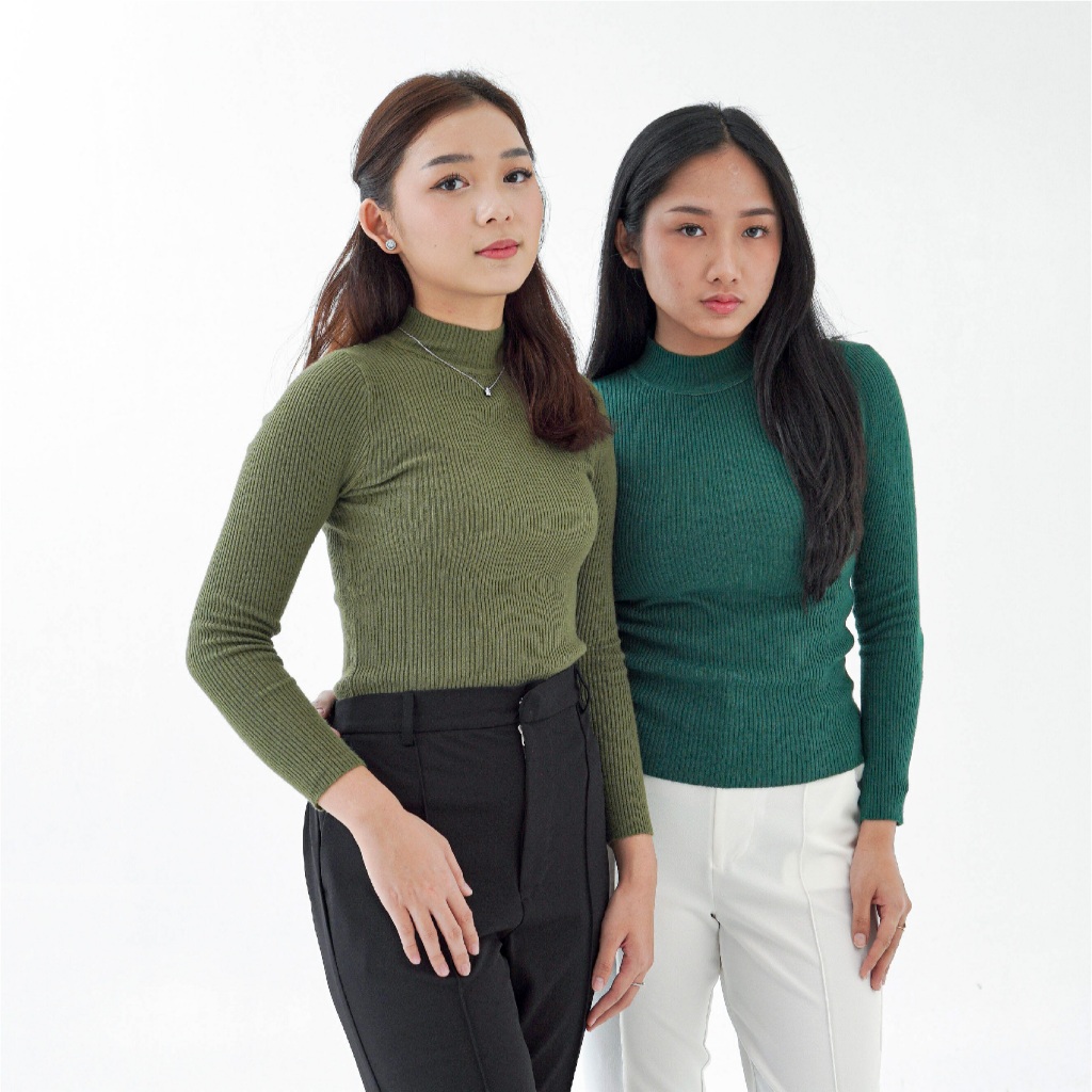 Jual MILLENIA MYM Women Mockneck Long Sleeve Rib Knit Shirt - Kaos Knit ...