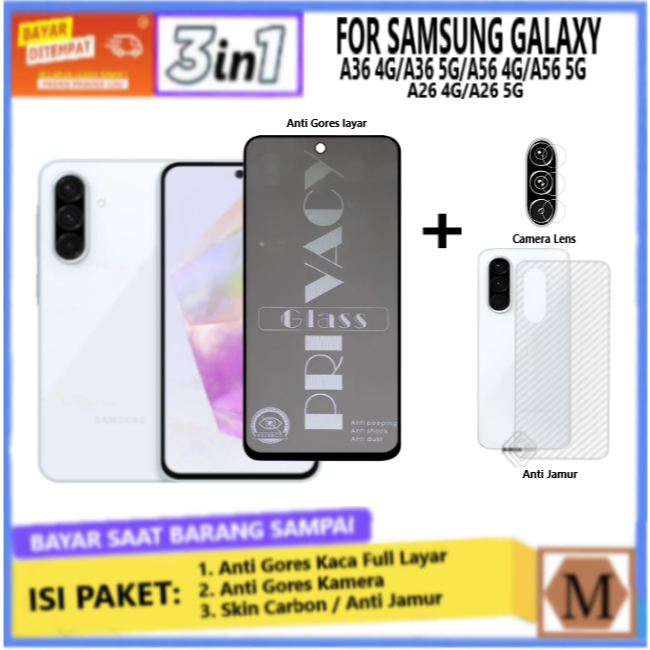 Jual Paket 3in1 Tempered Glass Anti Spy Samsung Galaxy A36 4G A36 5G A56 4G A56 5G A26 4G A26 5G ...