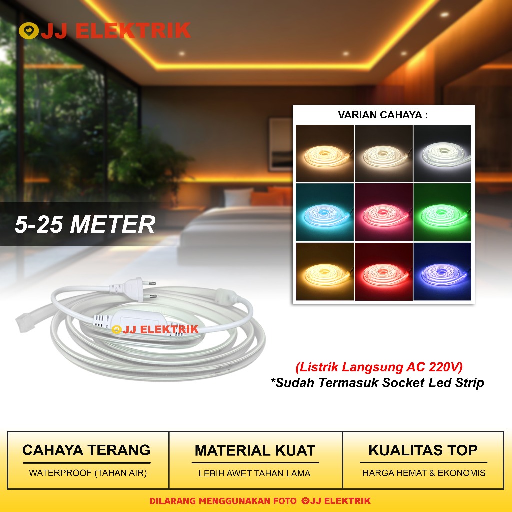Jual (Tinggal Colok) LED Strip COB 220V Super Terang - 5M 10M 15M 20M ...