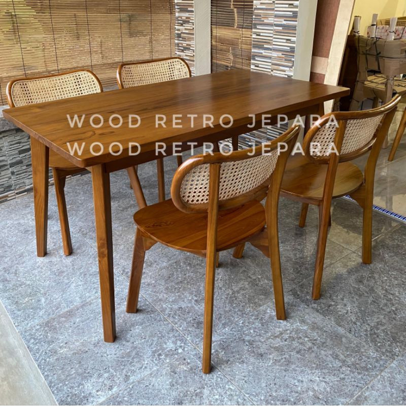 Jual Set Meja Makan Minimalis Retro Type Kursi Kacang Rotan Kayu Jati Asli - Kursi Cafe Resto ...