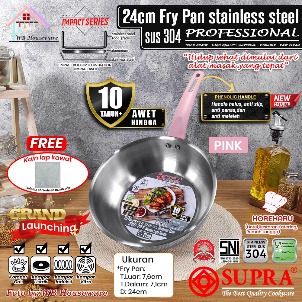 Jual SUPRA Panci Fry pan 24cm stainless SUS 304 professional series handle pastel pink impact ...