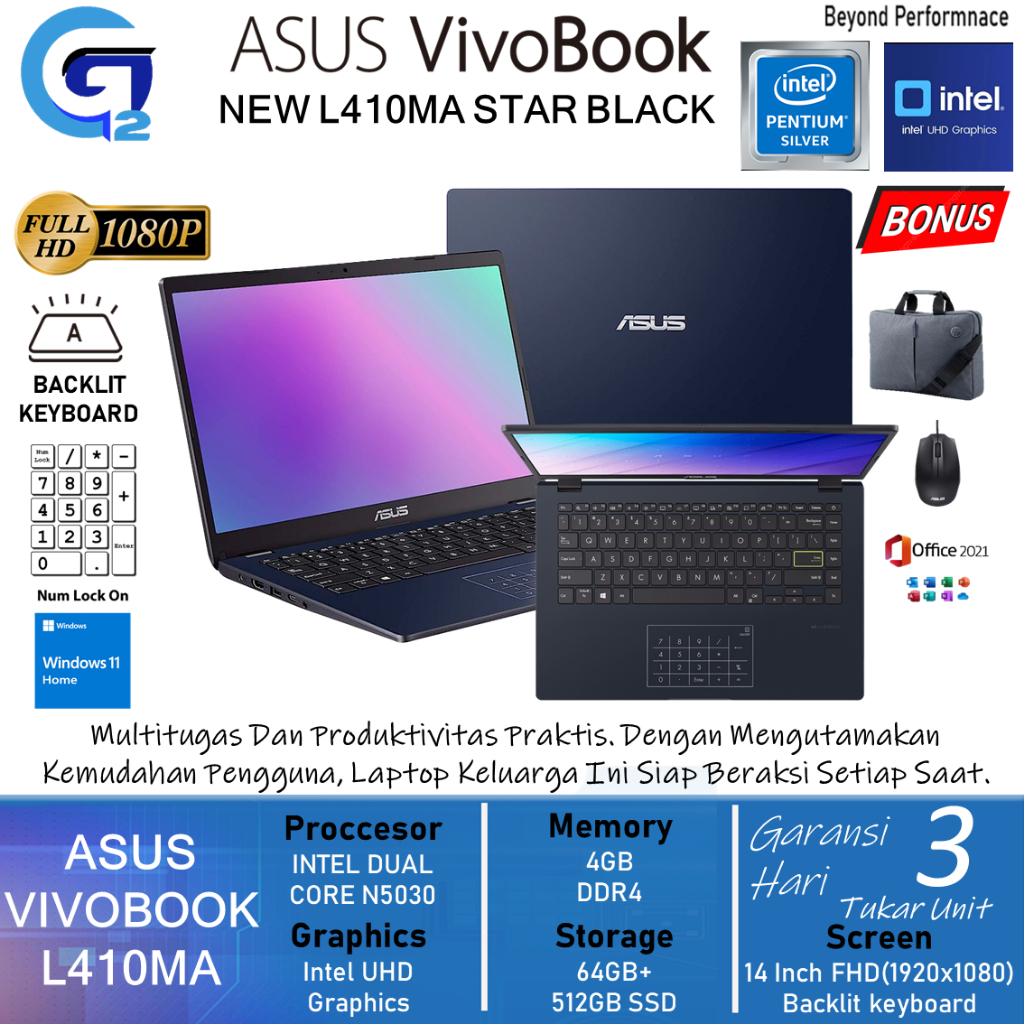 Jual Laptop Asus Vivobook L410MA N5030 Ram 4GB 512GB SSD FHD Backlit ...