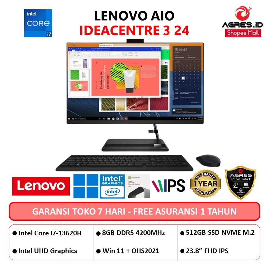 Jual LENOVO AIO IDEACENTRE 3 24 I7 13620H 8GB 512GB W11+OHS 23.8FHD LUNA GREY -7PID | Shopee ...