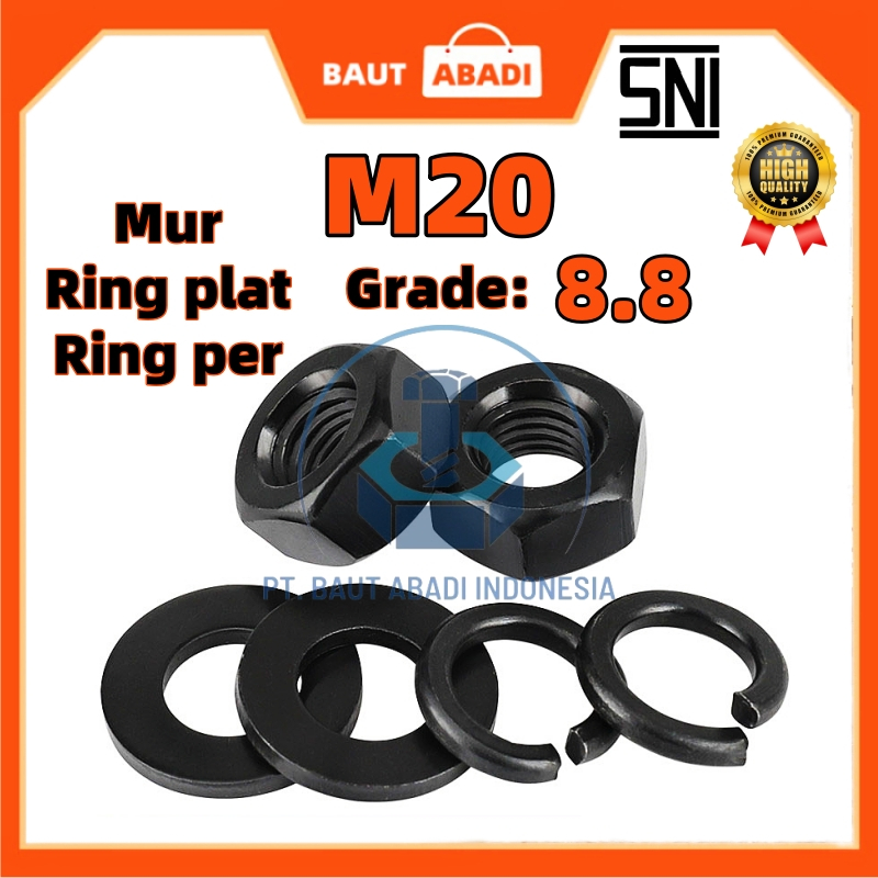 Jual Mur M20 Grade 8.8 baja hitam Ring per / Ring plat / Nut Hexagon / Washer Plate / Spring ...
