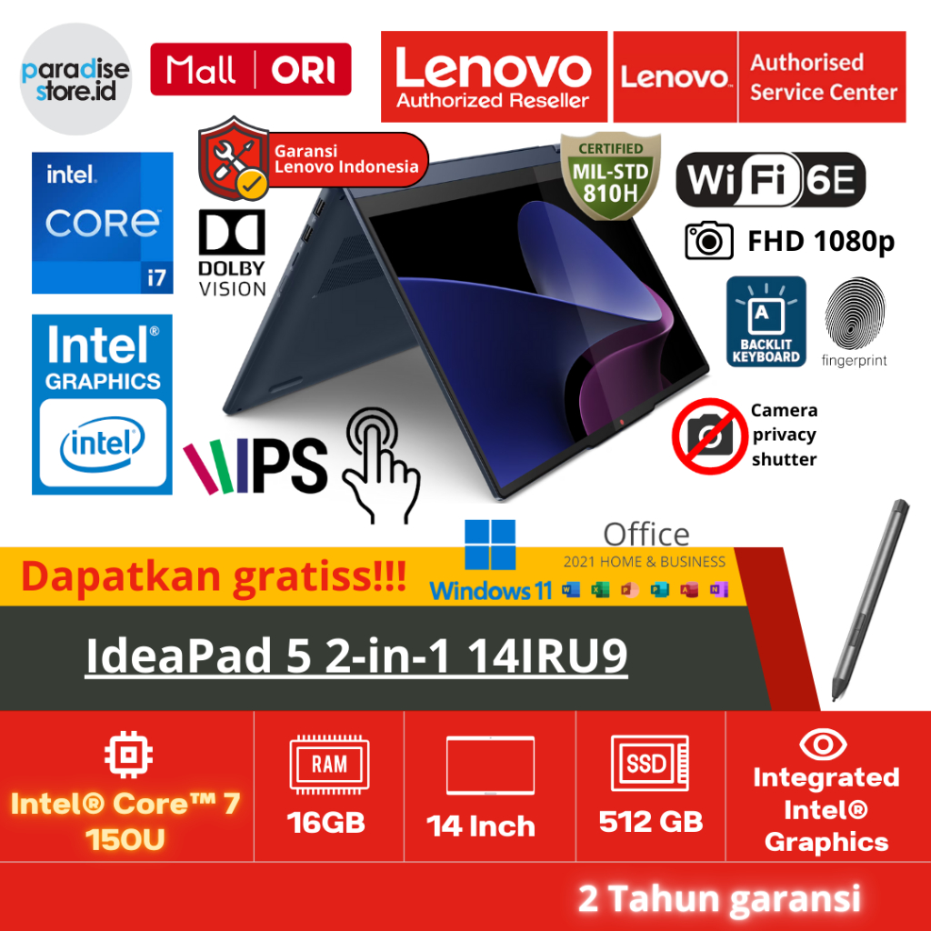 Jual Laptop Lenovo IdeaPad 5 2-in-1 Touch 14IRU9 WUXGA Core 7 16GB 512GB - 0BID CosmicBlue ...