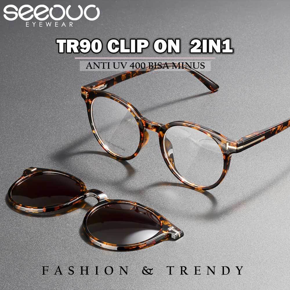 Jual Seeouo Frame Kacamata Clip On 2in1 Clip Lensa Polarized Model Bulat Oval TR90 Ringan Pria ...