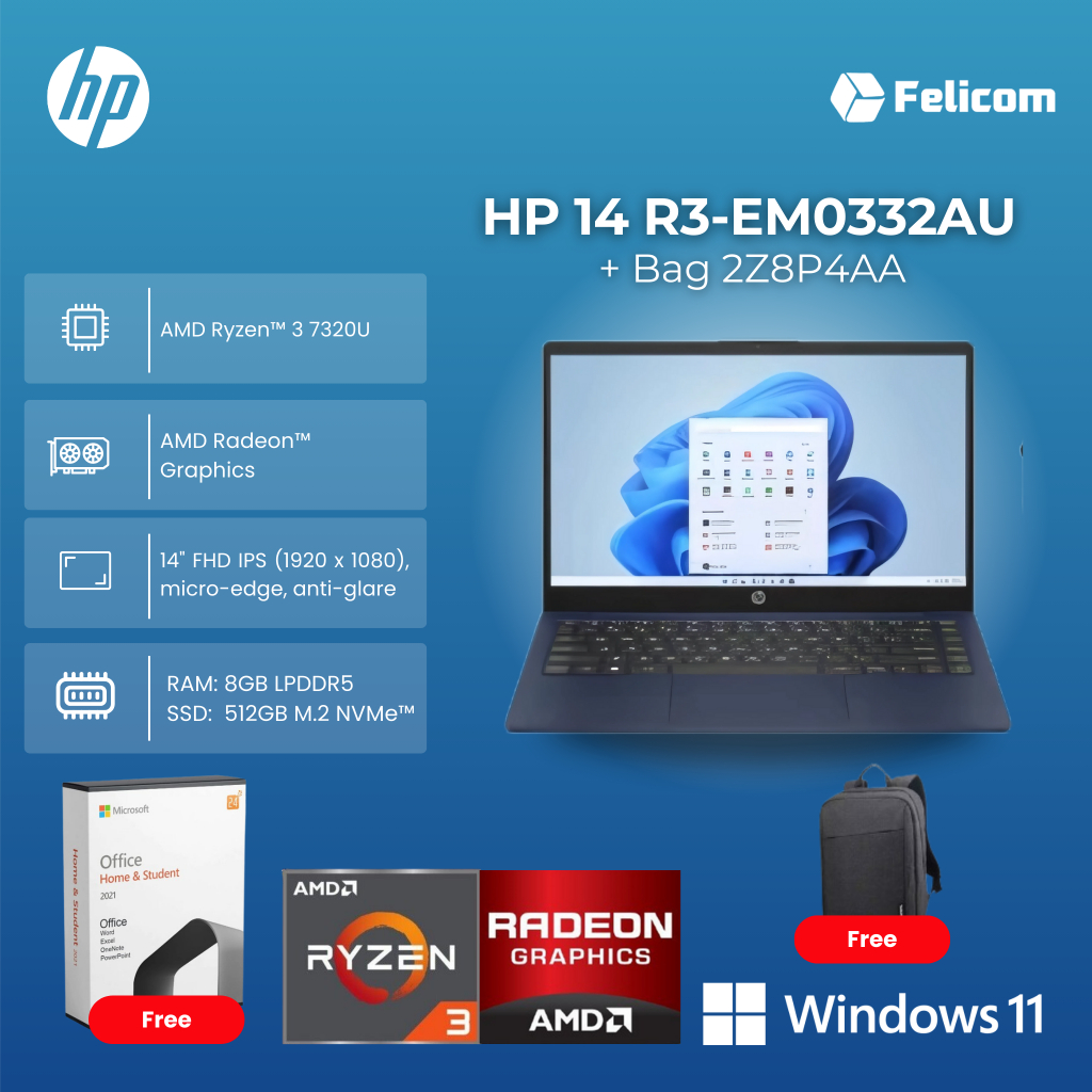 Jual HP 14 R3-em0332AU + Bag 2Z8P4AA (R3-7320U/8 GB On Board/512GB SSD ...