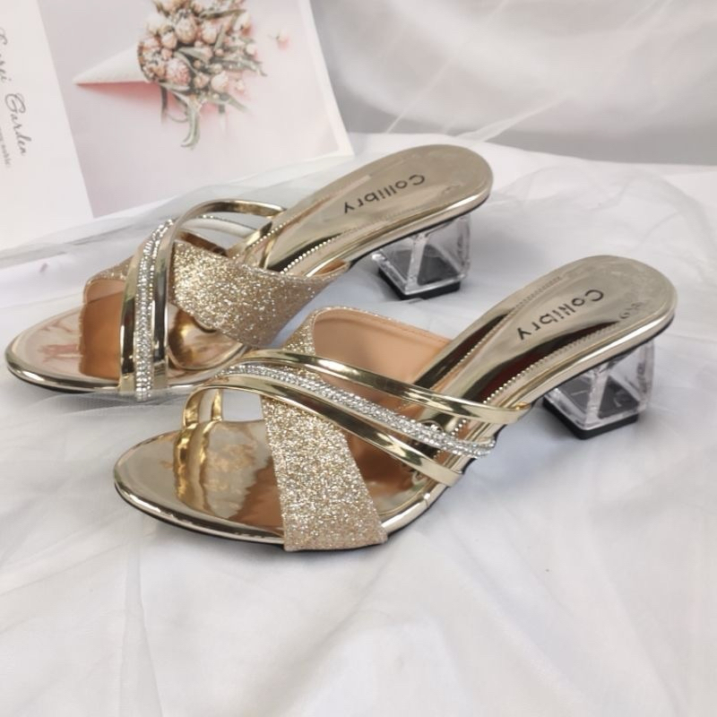 Jual Sendal heels hak kaca gliter ,sandal kebaya 5 cm premium/ sepatu ...