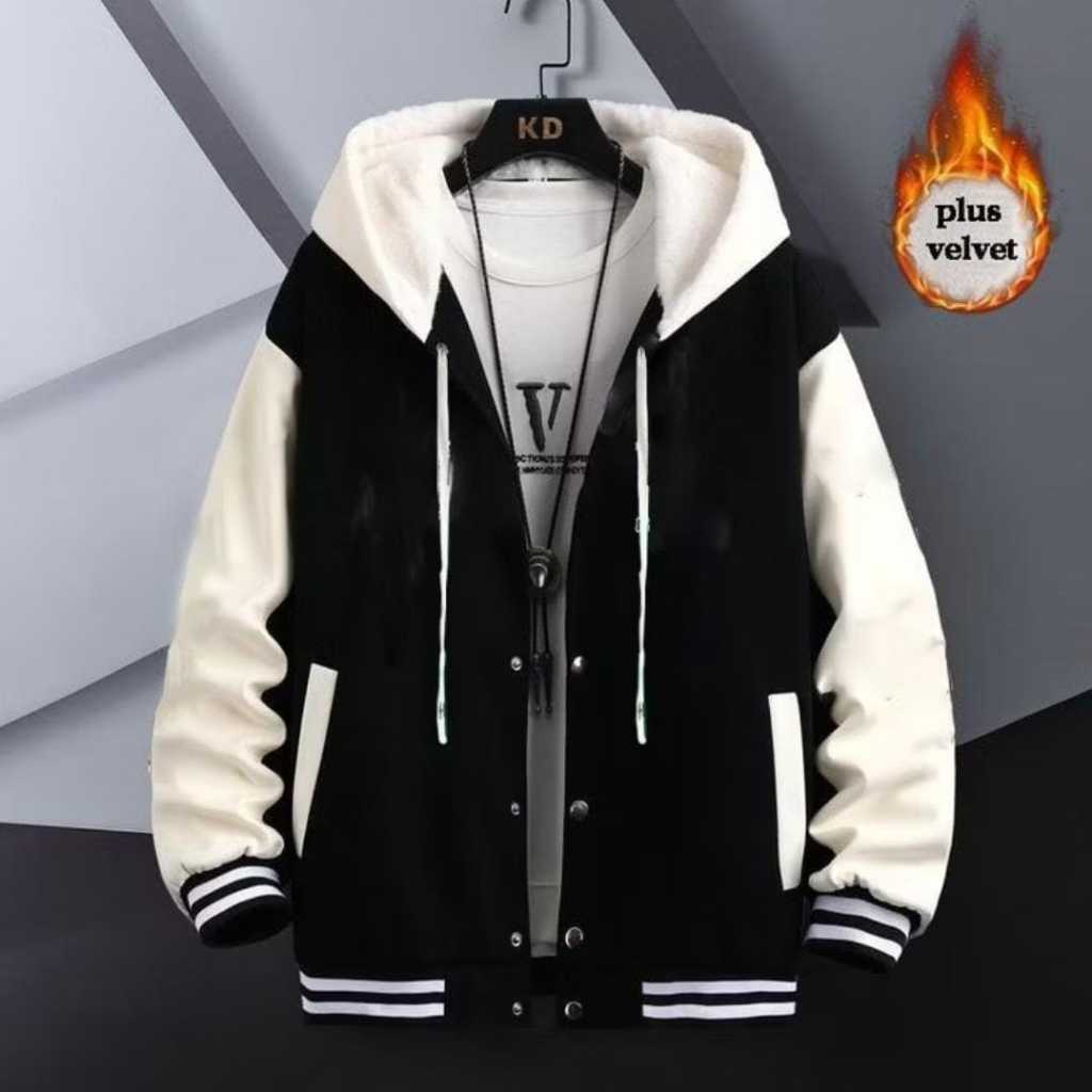 Jual Jaket Hoodie Varsity Hitam Cream Polos - Jaket Baseball Varsity ...