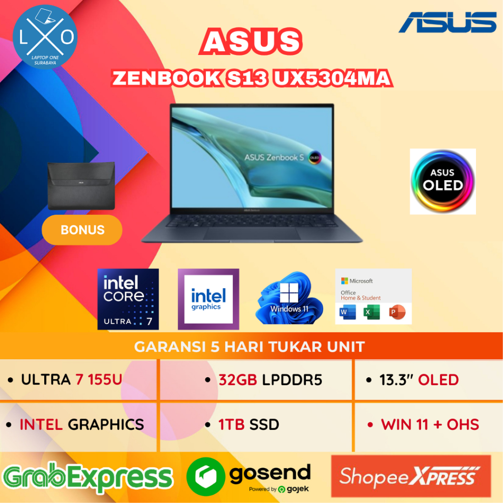 Jual Laptop Asus Zenbook S13 OLED UX5304MA Ultra 7 155U 32GB 1TB 13.3" 3K Windows 11 Home + OHS ...