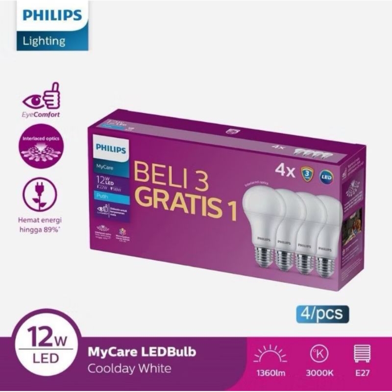 Jual LAMPU LED PHILIPS 12 WATT ISI 4 LED PHILIP MY CARE ISI 4PCS Multipack MyCare Bulb 12w beli ...