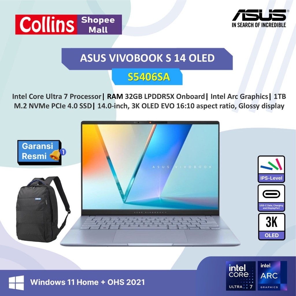 Jual ASUS VIVOBOOK S 14 OLED S5406SA ULTRA 7 258V 32GB 1TB W11+OHS 14.0 ...