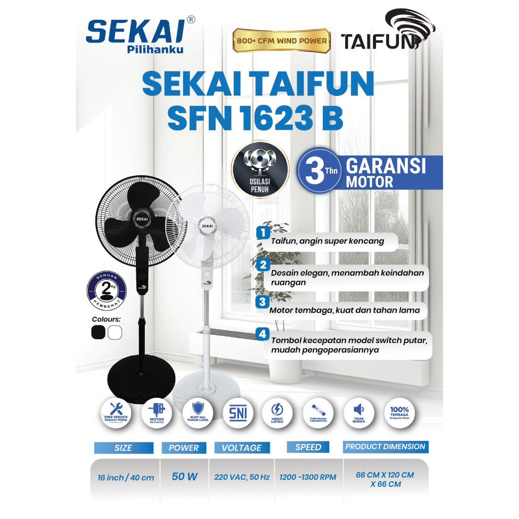 Jual SEKAI Kipas Angin Berdiri Stand Fan 16 Inch Taifun Series SFN1622 ...