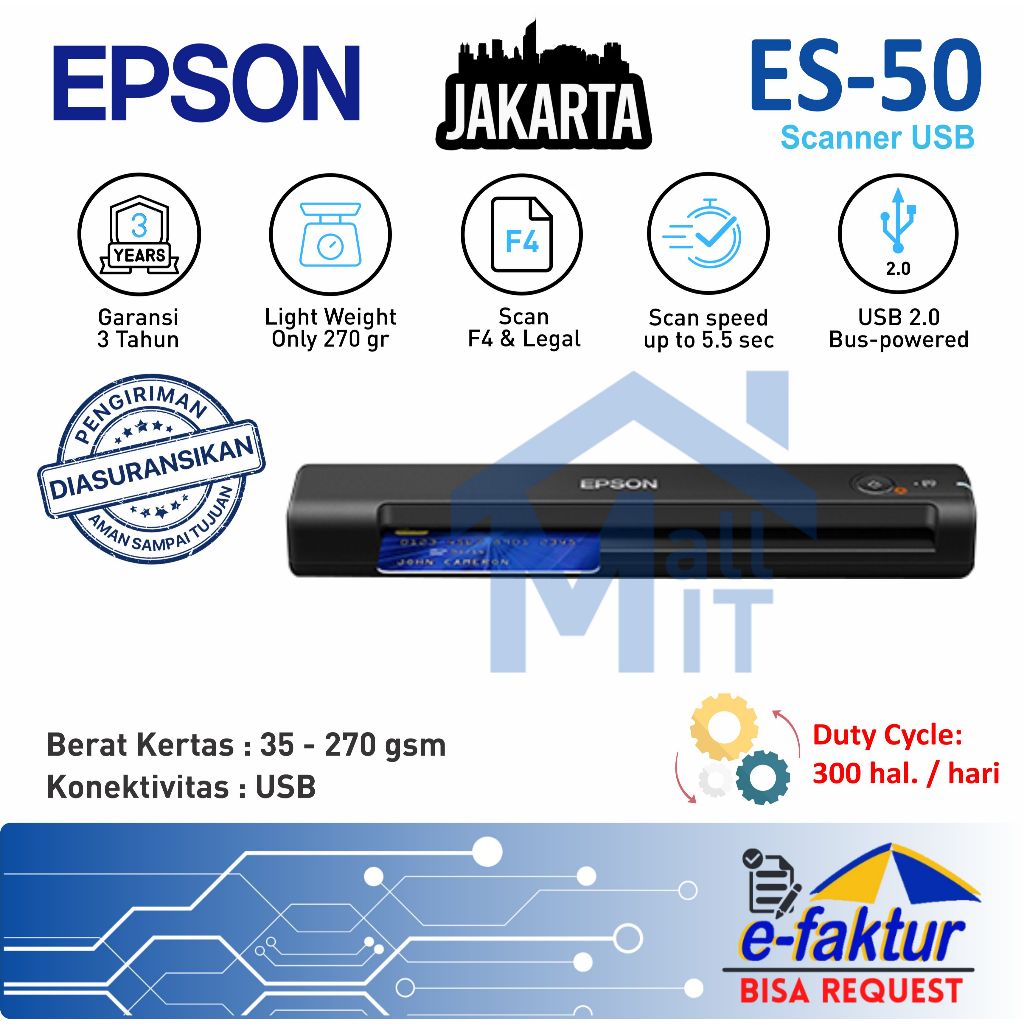 Jual MALLIT EPSON Scanner Epson ES-50 ES50 ES 50 A4 F4 Legal ADF Portable USB Garansi Resmi ...
