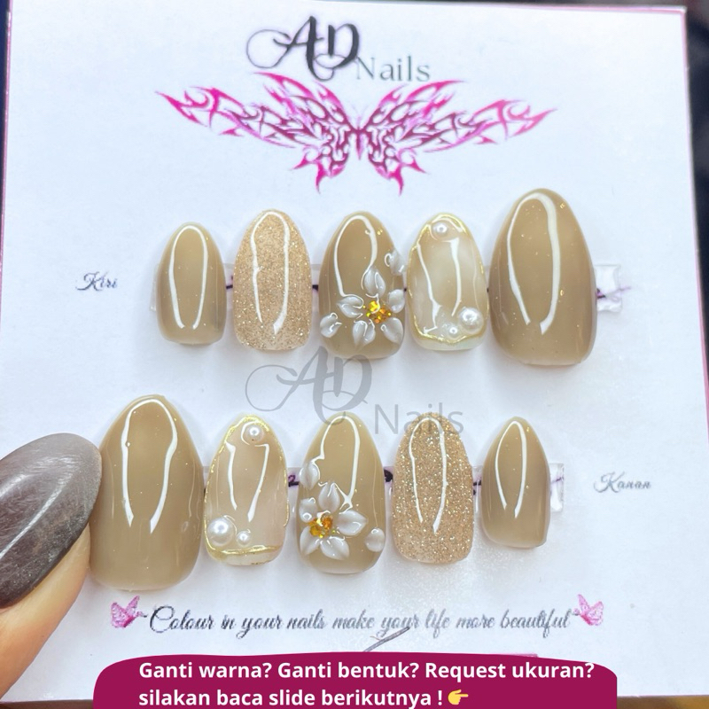 Jual Press on nails coklat bunga 3D | Handmade press on nails | kuku ...