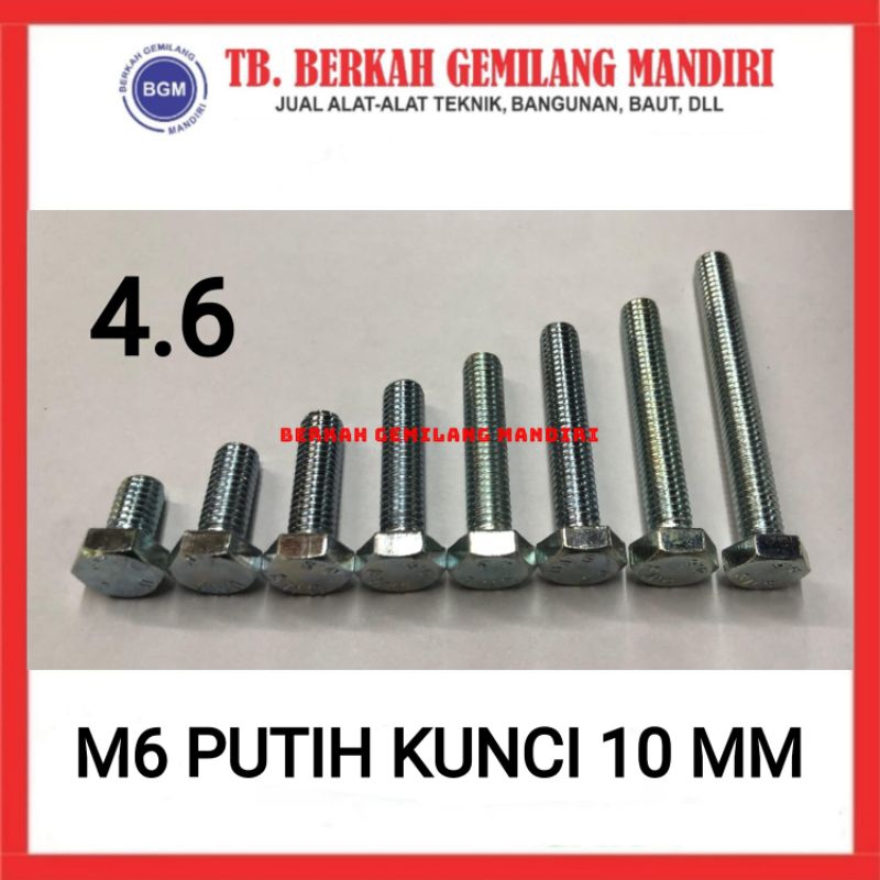 Jual Baut Mur m6 x 20mm Putih Baut Hex Galvanis M6 x 20 Kunci 10mm ...