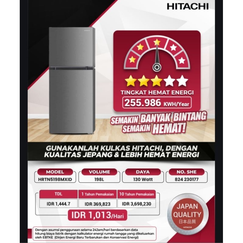Jual LEMARI ES HITACHI HRTN5198MXID KULKAS 2 PINTU KAPASITAS 181 LITER | Shopee Indonesia