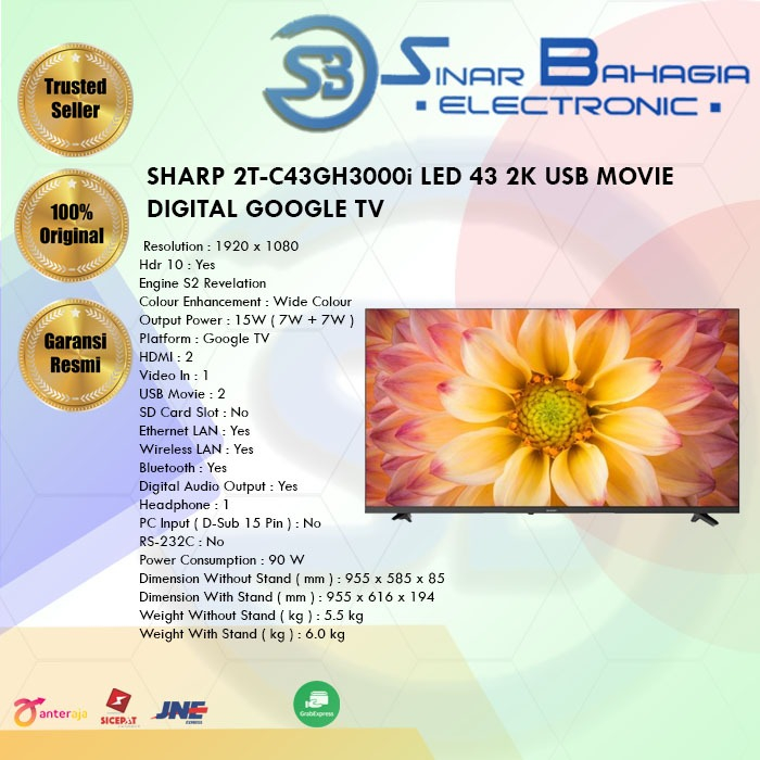 Jual SHARP 2T-C43GH3000i LED 43 2K USB MOVIE DIGITAL GOOGLE TV (NEW) | Shopee Indonesia