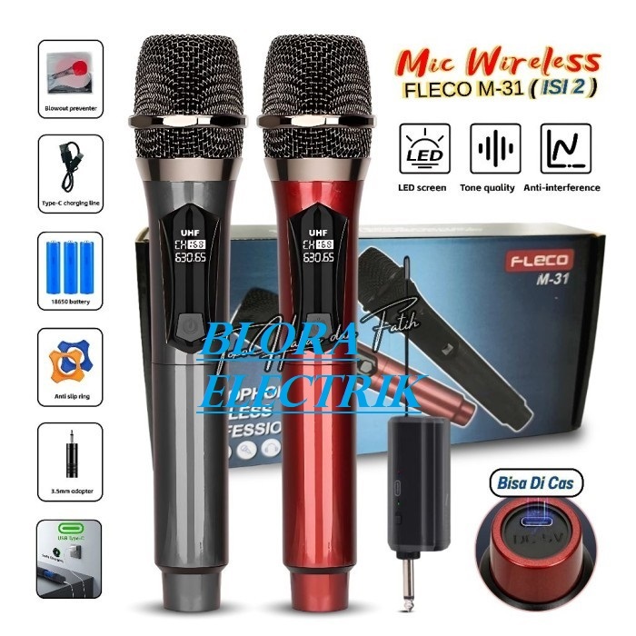 Jual Microphone Professional Wireless Mic Double Fleco M-31 Jack Besar ...