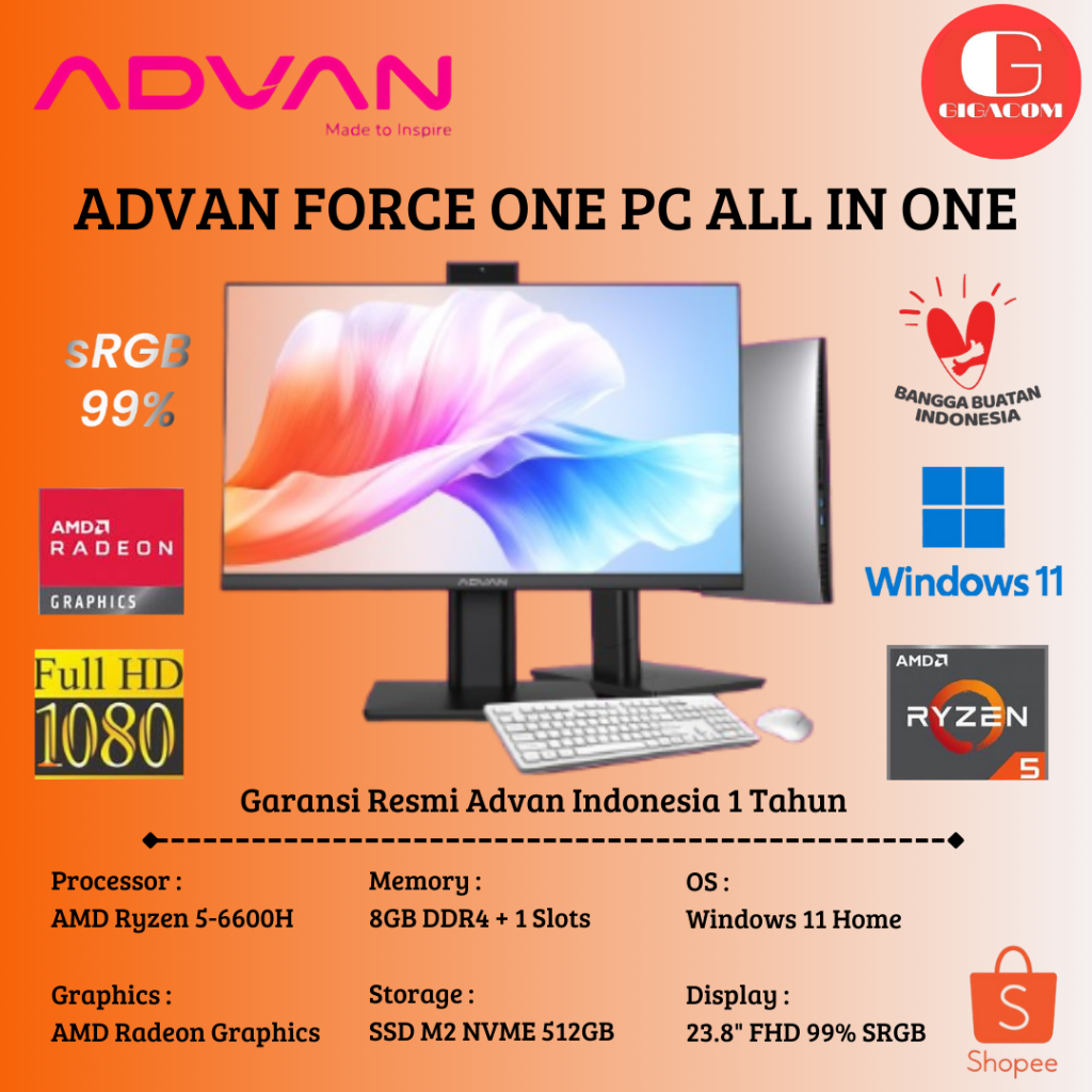 Jual Advan All In One Force One PC - Ryzen 5 6600H 8GB SSD 512GB 24"FHD ...