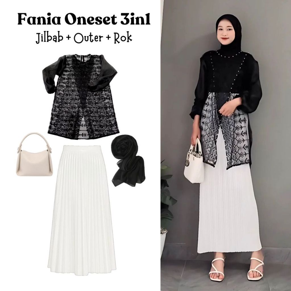 Jual One set 3in1 outer outwear tunik hitam brukat brokat tile rok ...