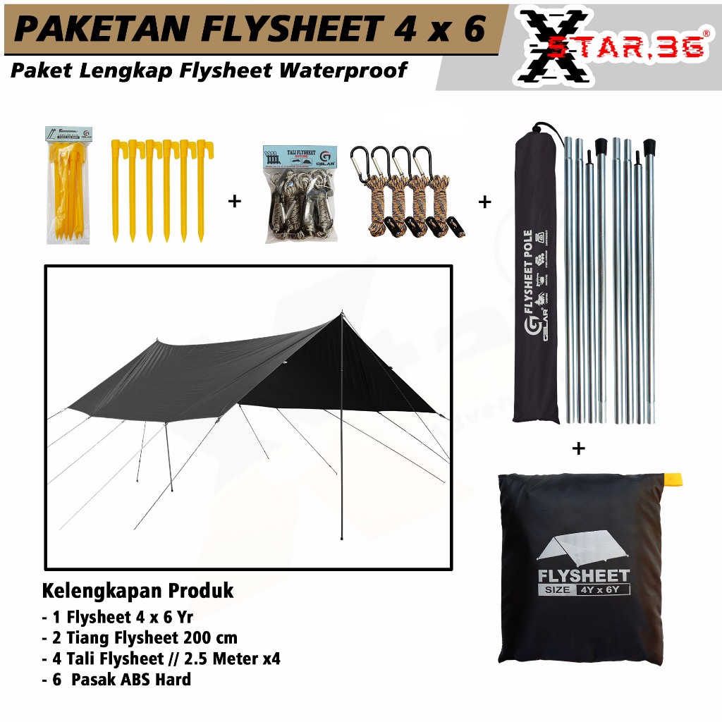 Jual paketan lengkap flysheet tenda camp waterproof 4x6 yard flysheet + tiang + tali guyline ...