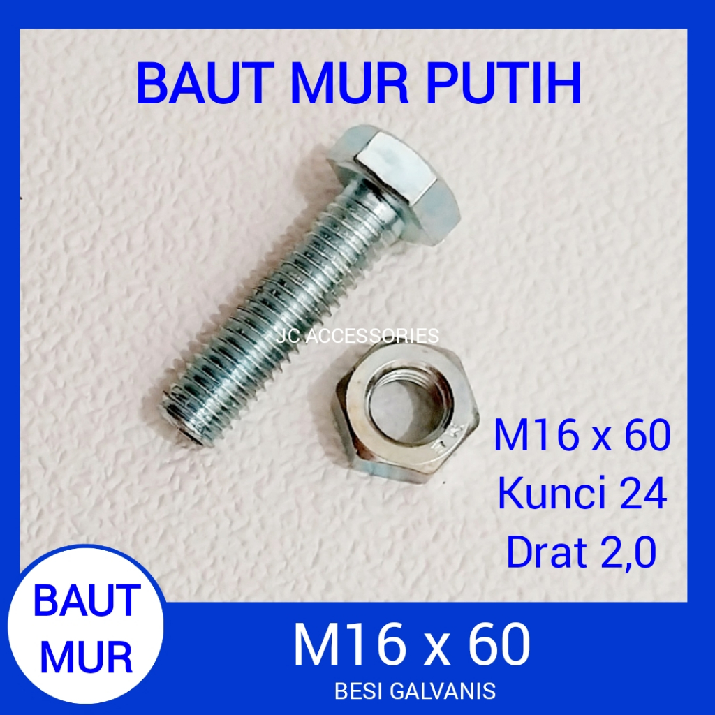 Jual BAUT MUR PUTIH M16x60 KUNCI 24 PITCH 2,0 BMP 16X60 M16 x 60 16 X ...