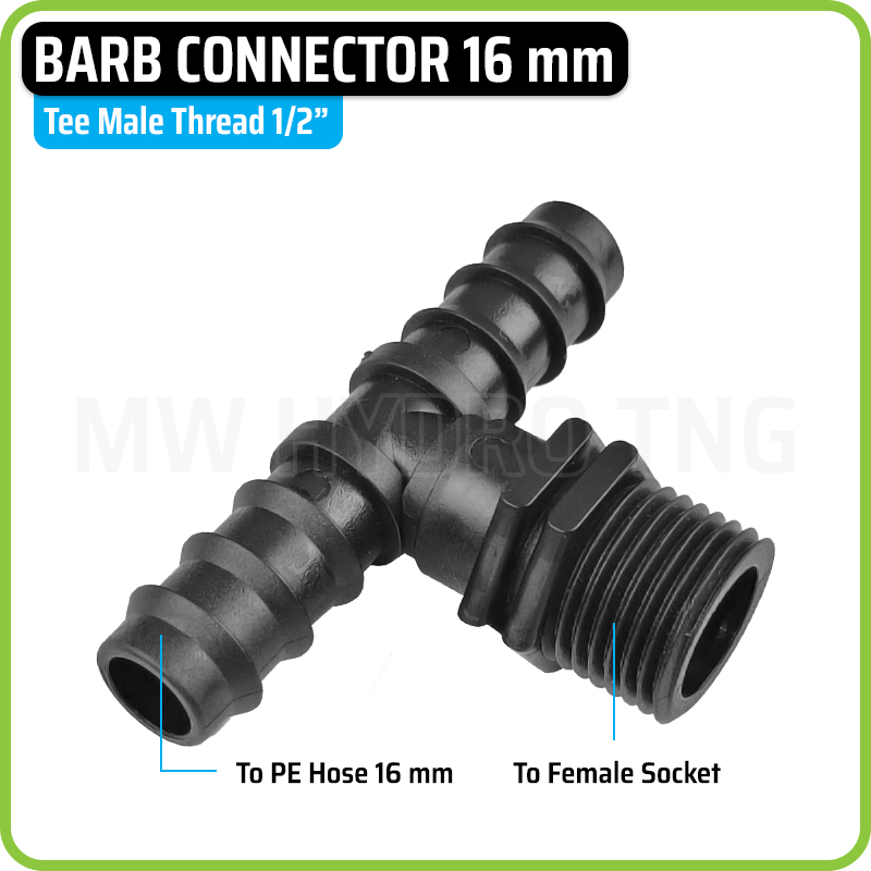 Jual Barb Connector 16 mm - Tee Male Thread | Konektor Selang PE Irigasi Hidroponik - Tee Drat ...