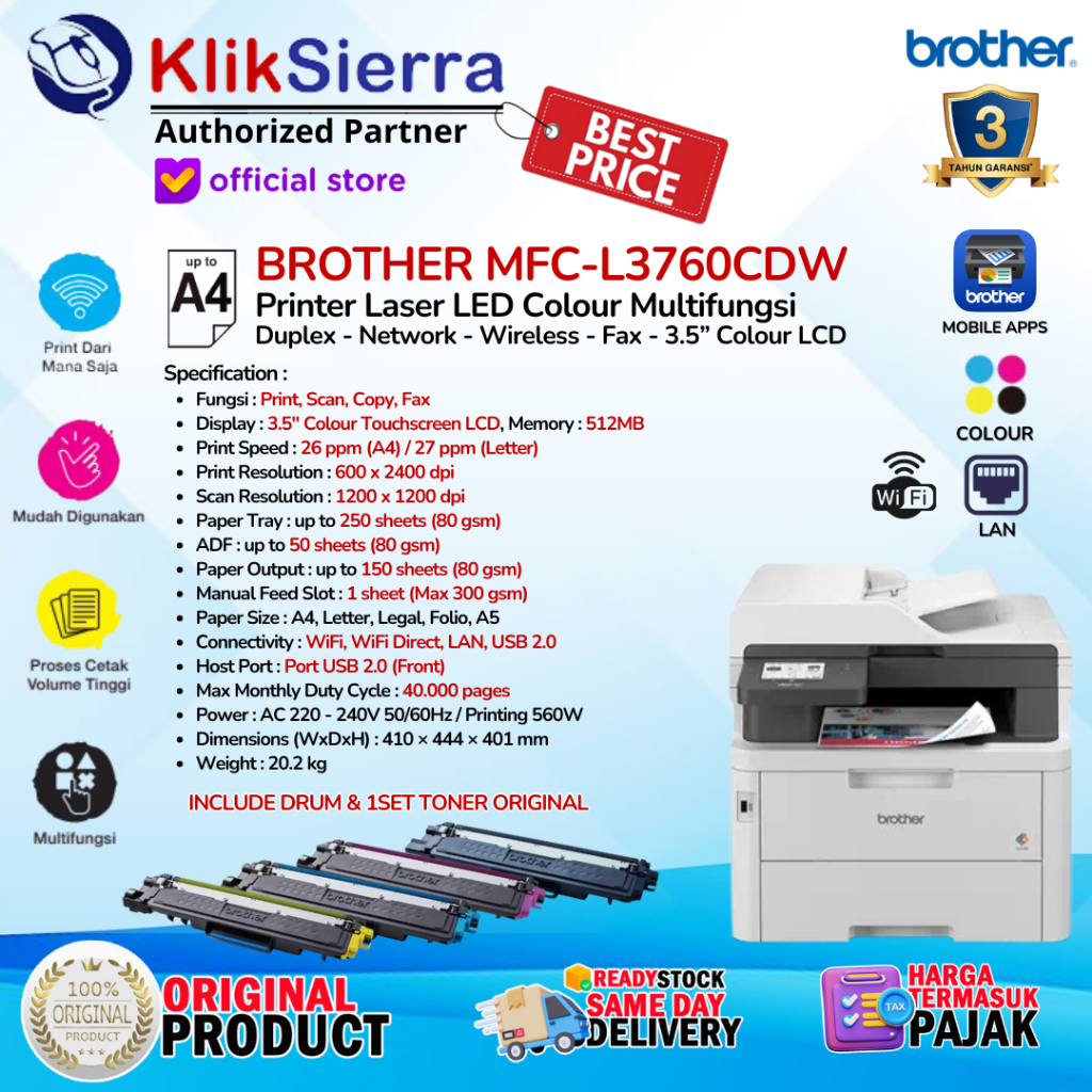 Jual BROTHER MFC-L3760CDW Printer All in One Laser LED Colour Wireless ...