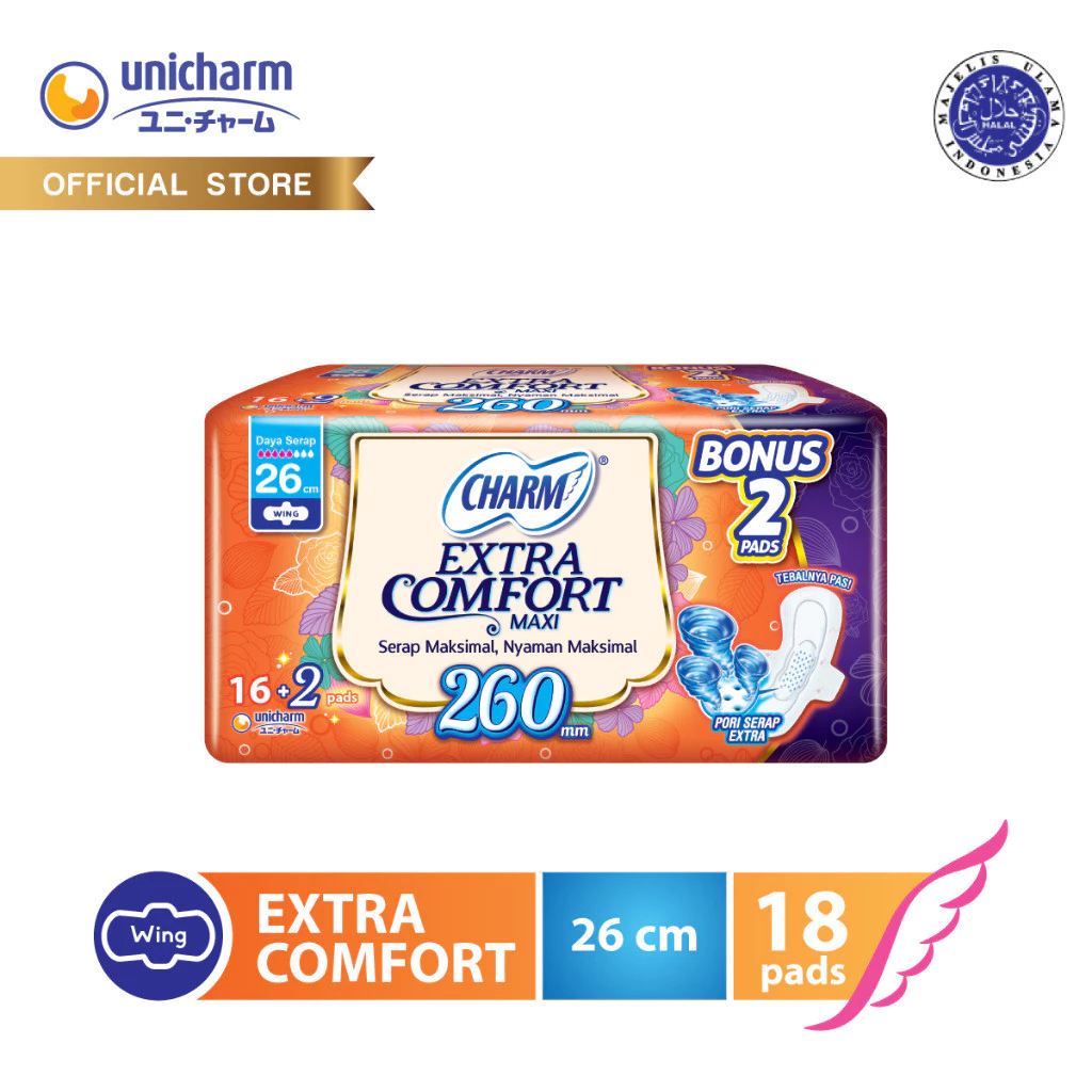 Jual Charm Pembalut Extra Comfort Maxi 26cm Wing 16 pads | Shopee Indonesia