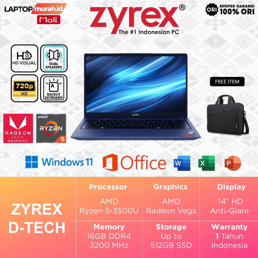 Jual Laptop Zyrex Ryzen 5-3500U 16GB 512GB 14" HD Backlit Windows 11 Pro + OHS - Zyrex D-Tech ...