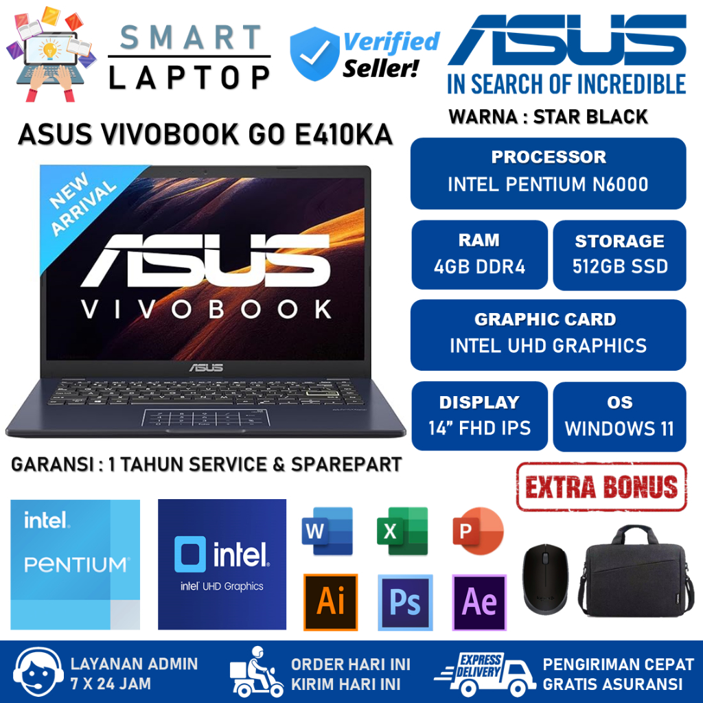 Jual Laptop Asus Vivobook Go 14 E410KA Intel N6000 4GB 512GB SSD 14 ...