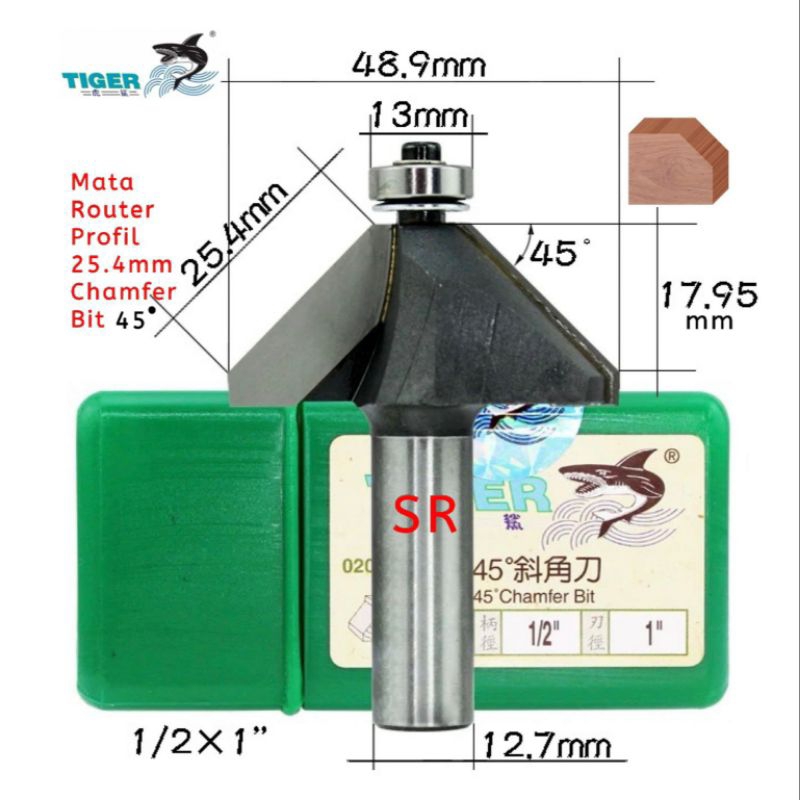 Jual Mata Router/ Profil 25mm As 1/2 × 1 Chamfer Bits 45 Derajat TIGER ...